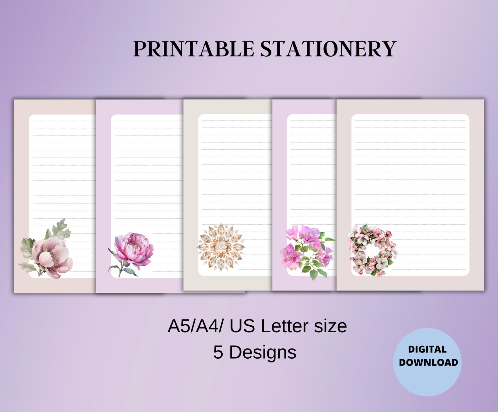 Flower 5 Designs Printable Stationery Set-flower Writing Set Lined A4 ...
