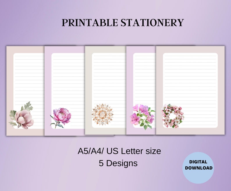 Flower 5 Designs Printable Stationery Set-flower Writing Set Lined A4 ...