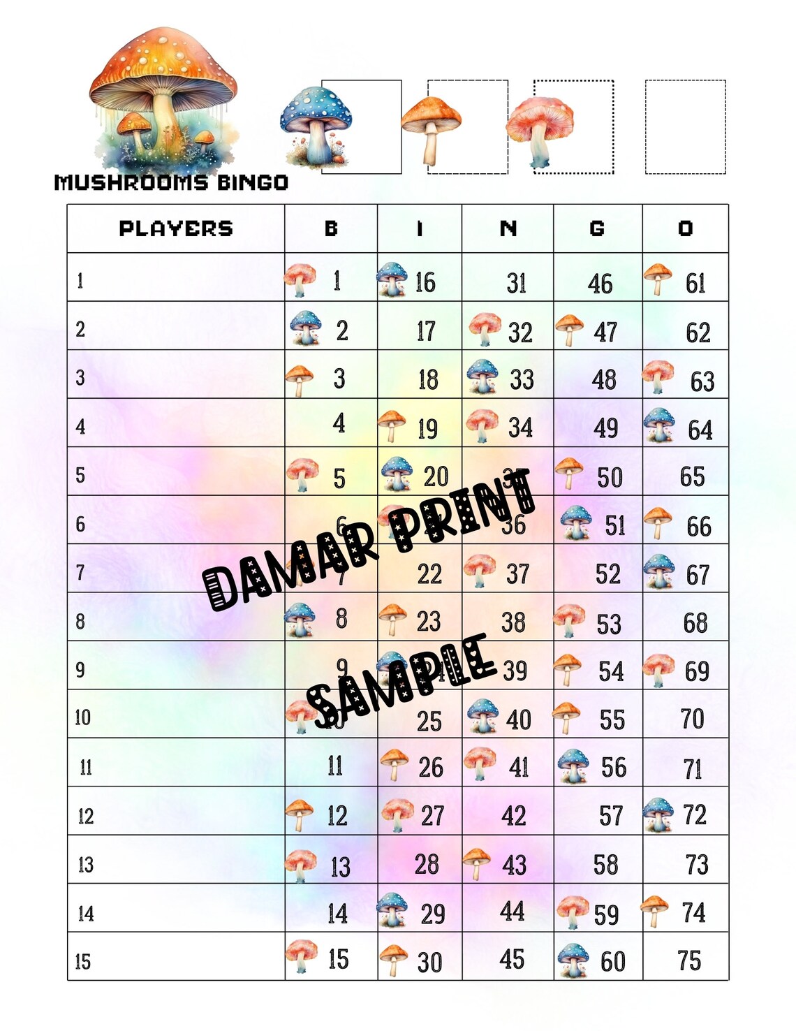 Mushrooms Bingo Boards 75 Ball-1-15 Line Bingo Board 1-75 Balls ...