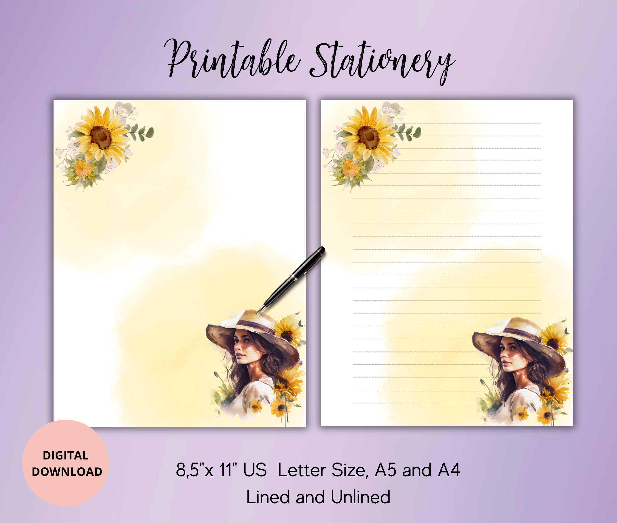 Sunflower Printable Stationery,digital Download,printable Writing Paper ...