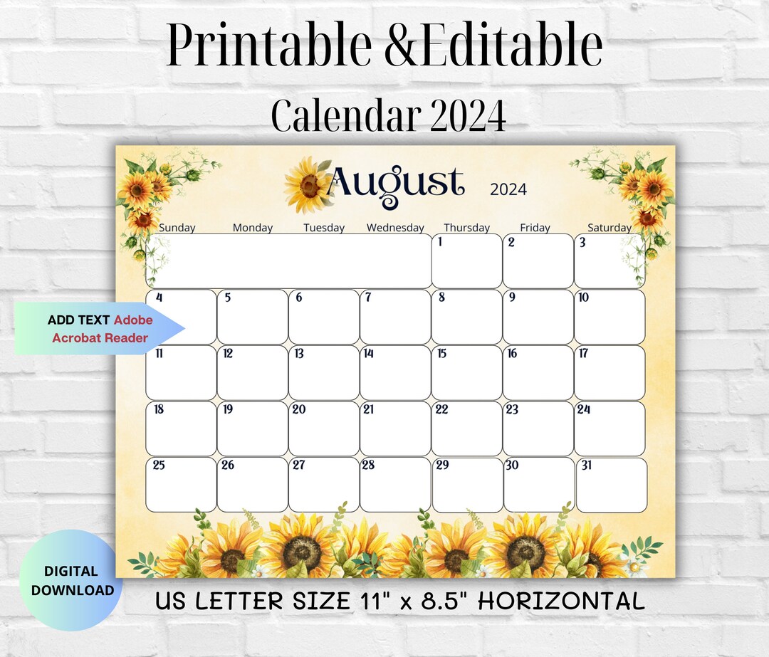 Editable August 2024 Calendar-sunflower Printable Planner Digital ...
