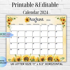 Editable August 2024 Calendar-sunflower Printable Planner Digital ...