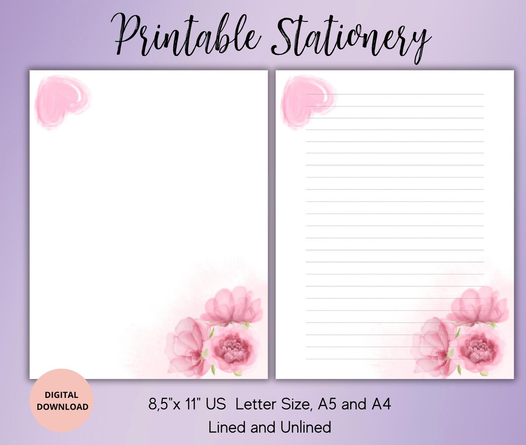 Watercolor Pink Flower Printable Stationery-hearts Love Letter Set ...