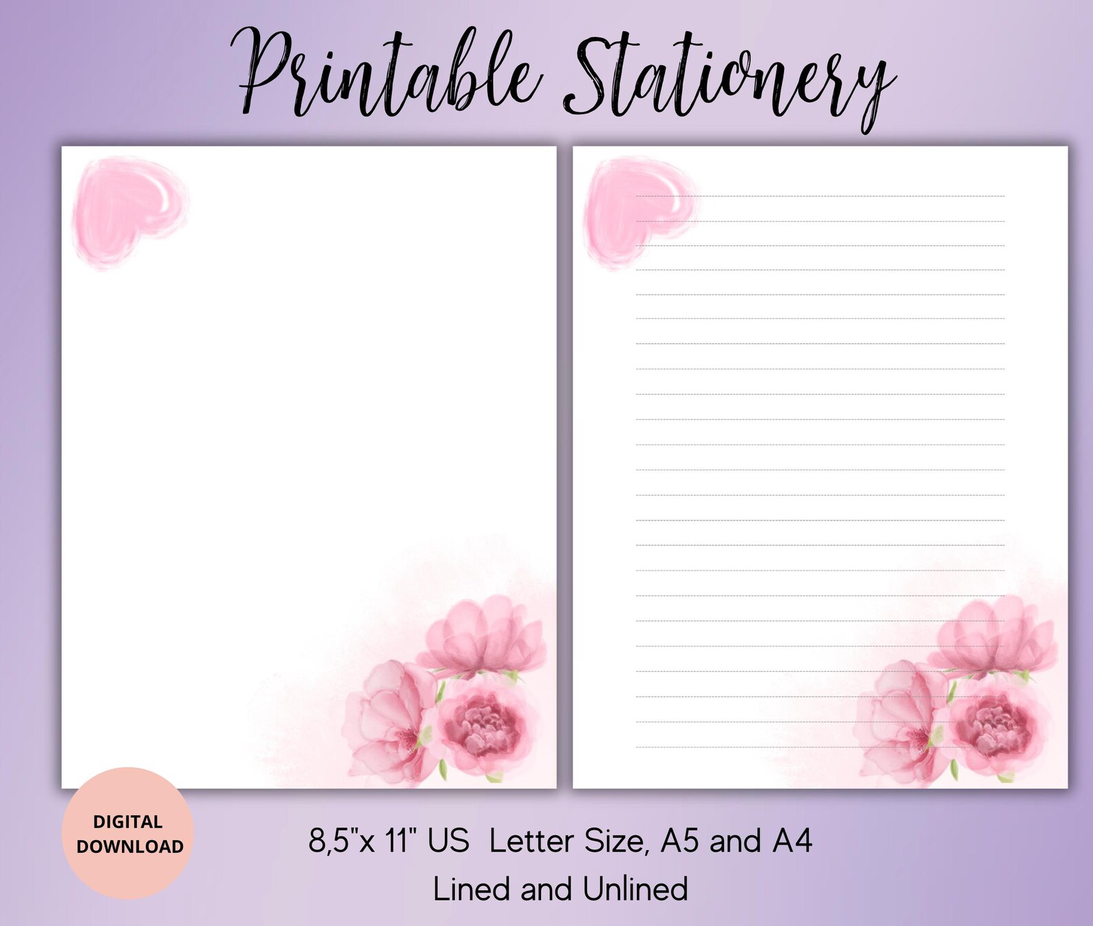 Watercolor Pink Flower Printable Stationery-hearts Love Letter Set ...