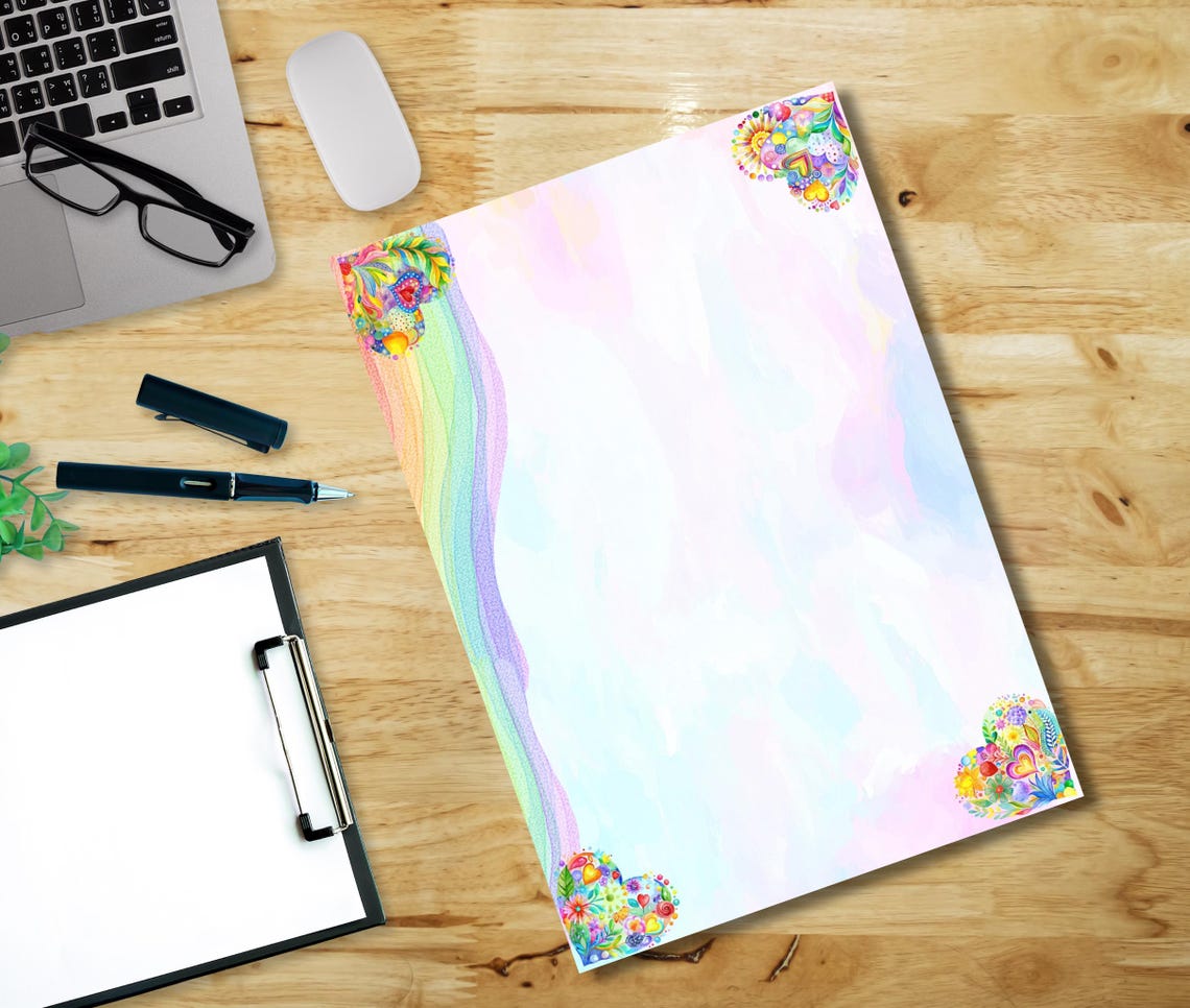 Watercolor Rainbow Hearts Printable Stationery-hearts Printable Writing ...