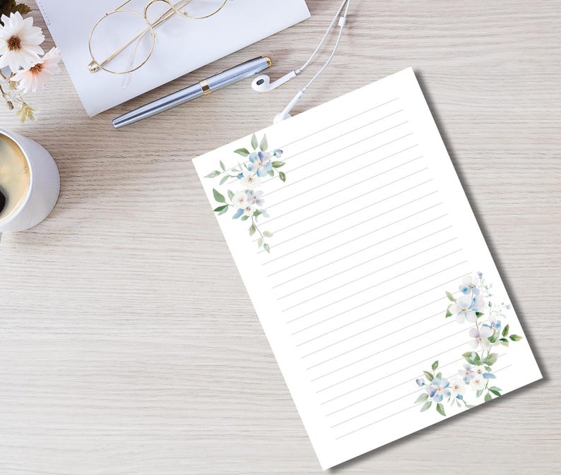 Flower Printable Stationery-watercolor Flower Stationary-digital ...