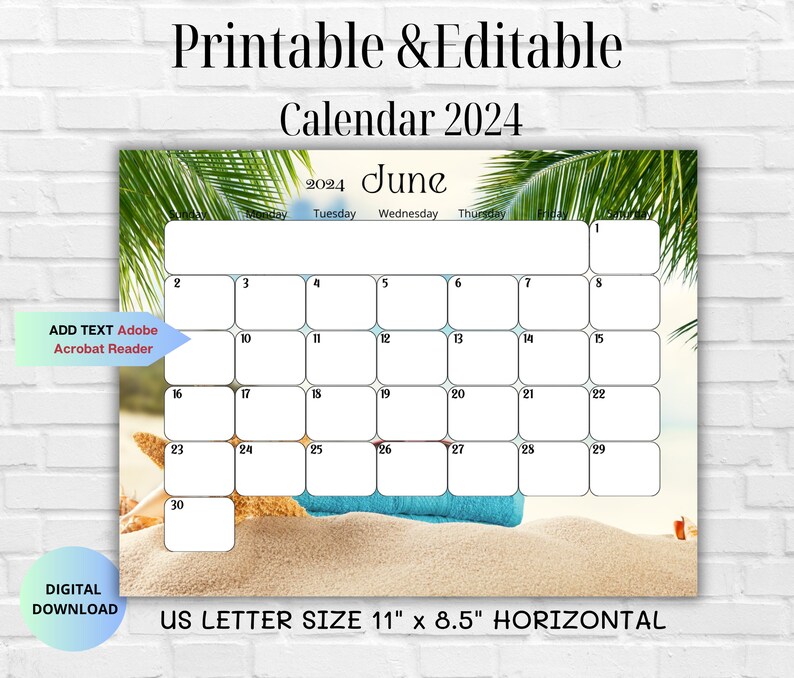 Editable June 2024 Calendar-printable Summer Calendar-monthly Planner ...
