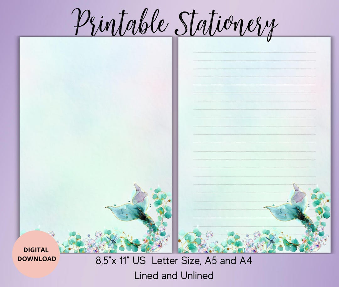 Mermaid Printable Stationery-writing Paper Unlined Lined A5/A4/US ...