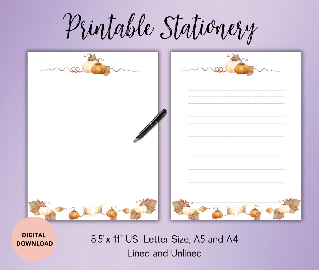Autumn Pumpkin Printable Stationery,fall Leaves Digital Letter ...