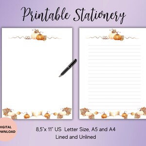 Autumn Pumpkin Printable Stationery,fall Leaves Digital Letter ...