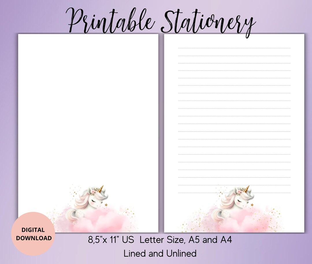 Unicorn Printable Stationery-watercolor Writing Paper Unlined Lined A5 ...