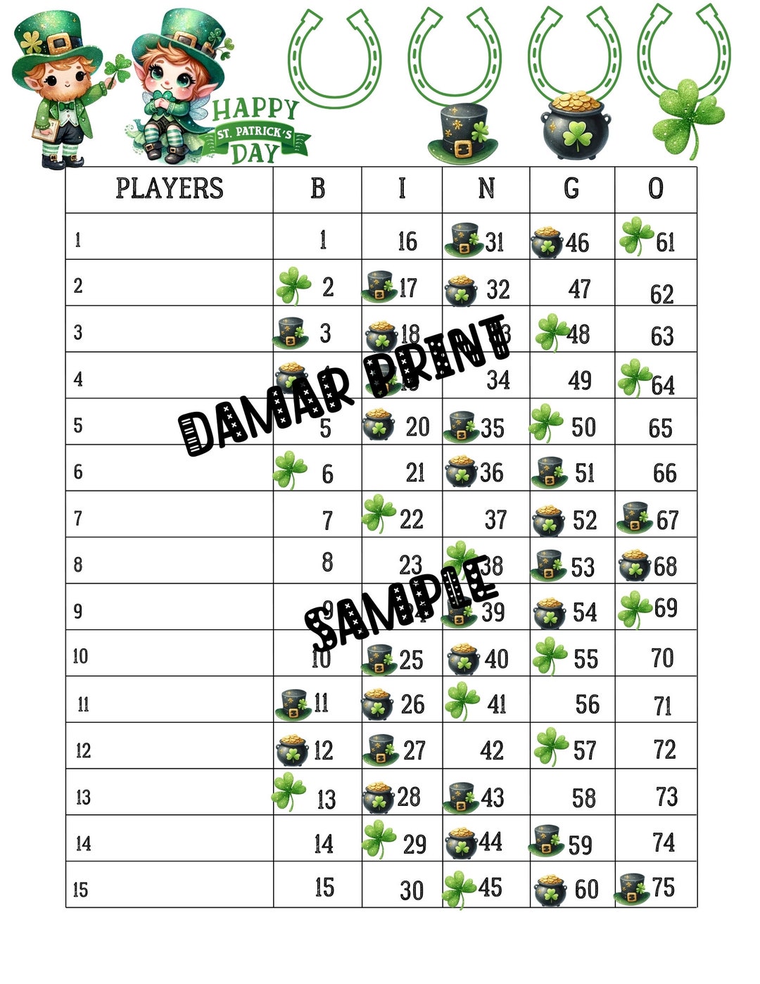 St. Patrick's Day Bingo Boards-bingo Bords Printable 1-15 Lines ...