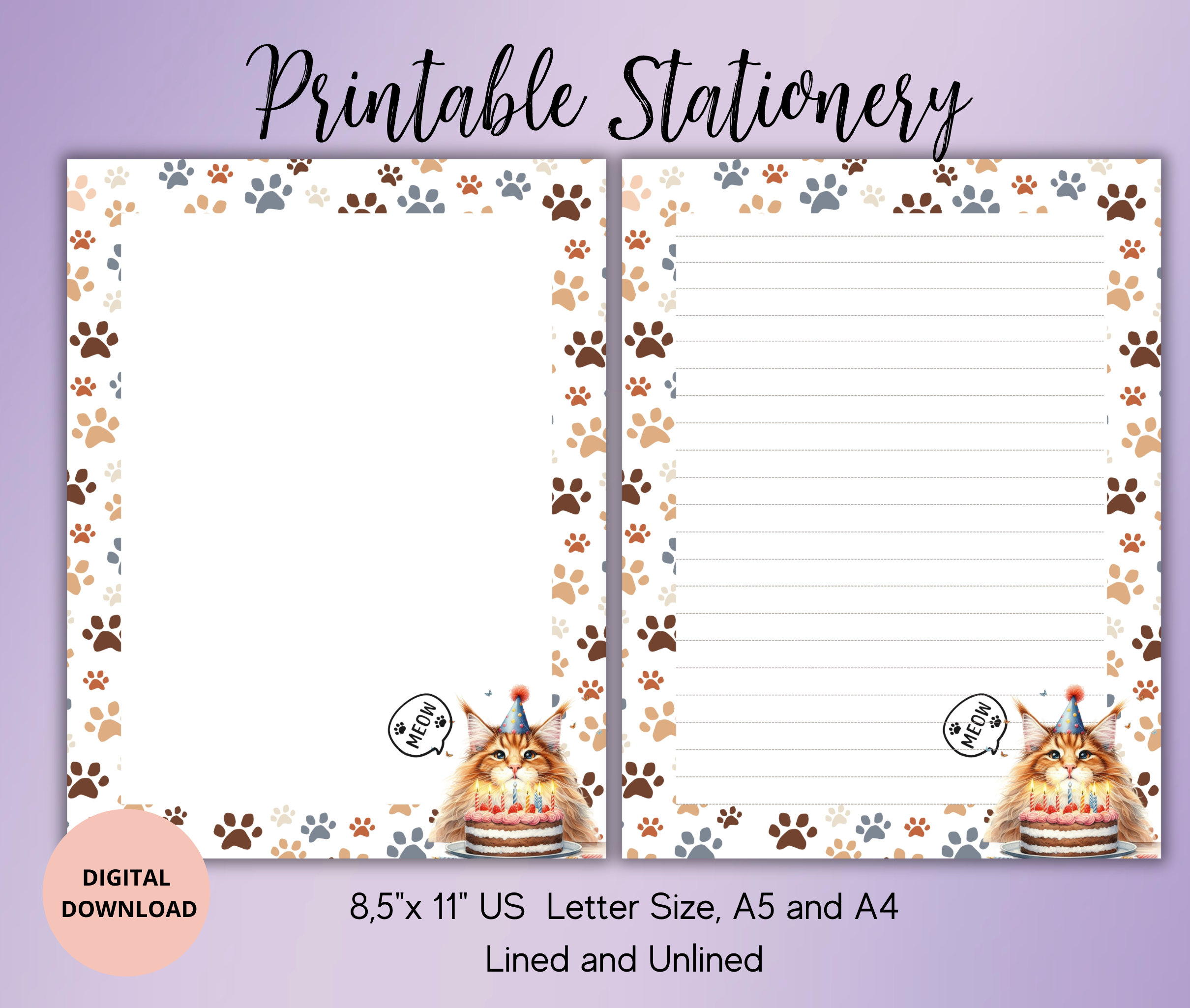 Cat's Birthday Printable Stationery-cat Lover Printable Stationery Set ...