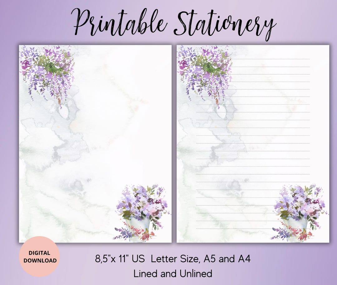 Purple Flower Printable Stationery-floral Writing Paper-letter Paper A4 ...