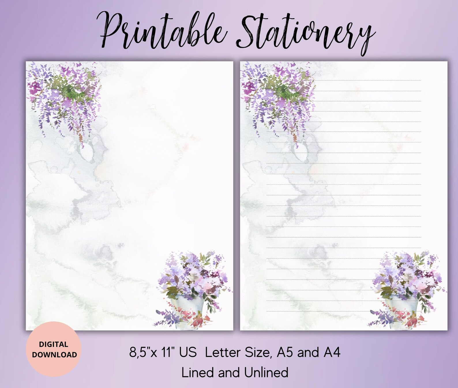 Purple Flower Printable Stationery-floral Writing Paper-letter Paper A4 ...