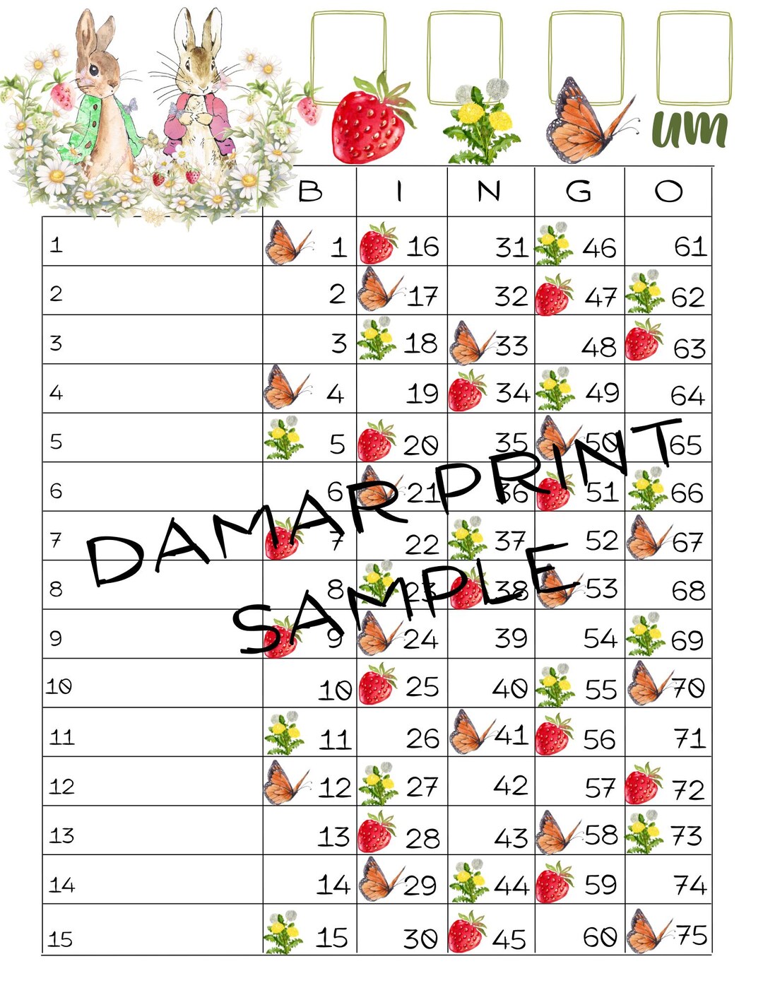 Rabbit Printable Bingo Boards-instant Download -summer Bingo Boards ...