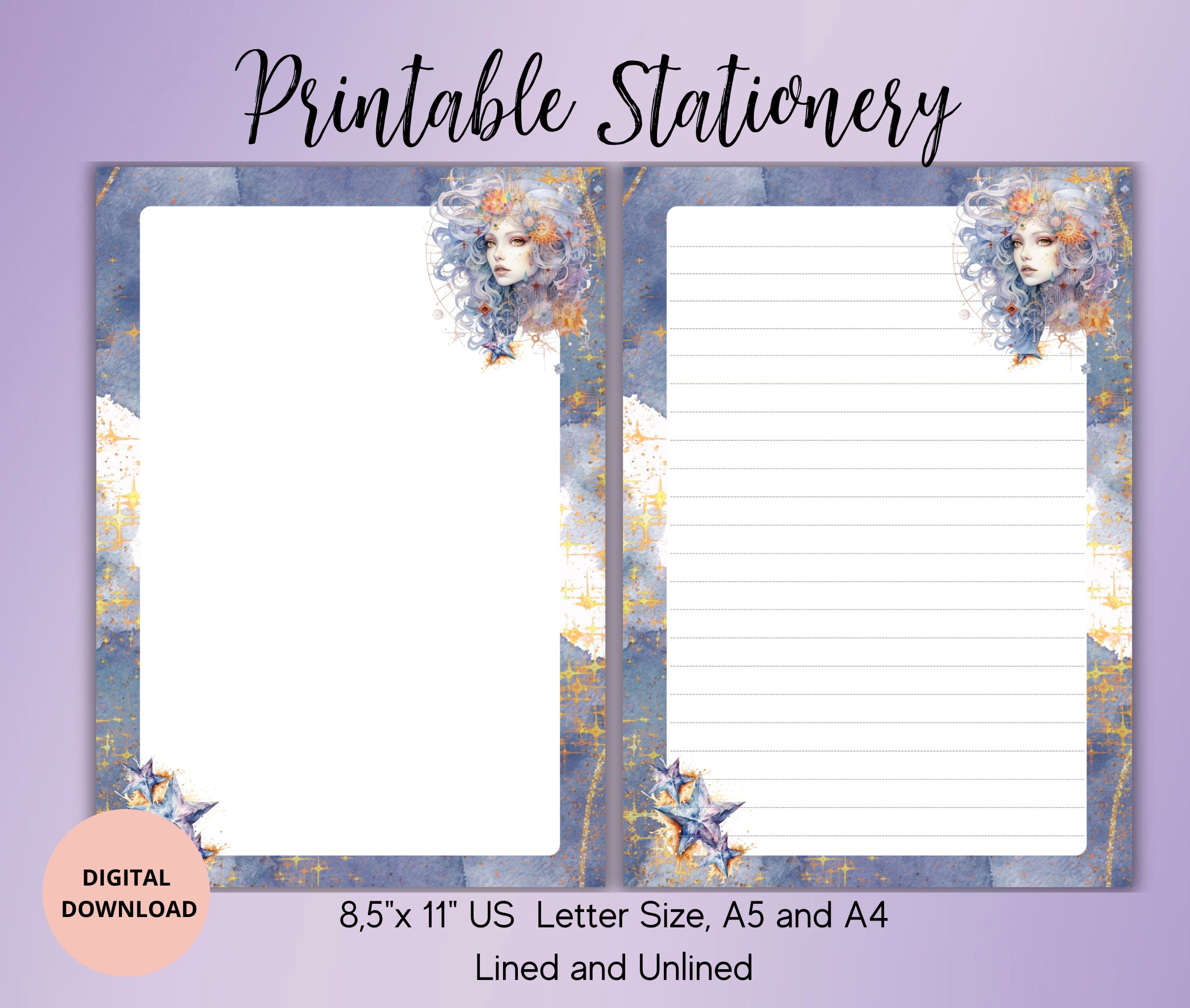 Space Watercolor Printable Stationery-space Fairy Girl Galaxy Digital ...