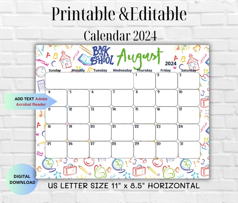 Editable August 2024 Calendar-back to School Planner-2024 Printable ...