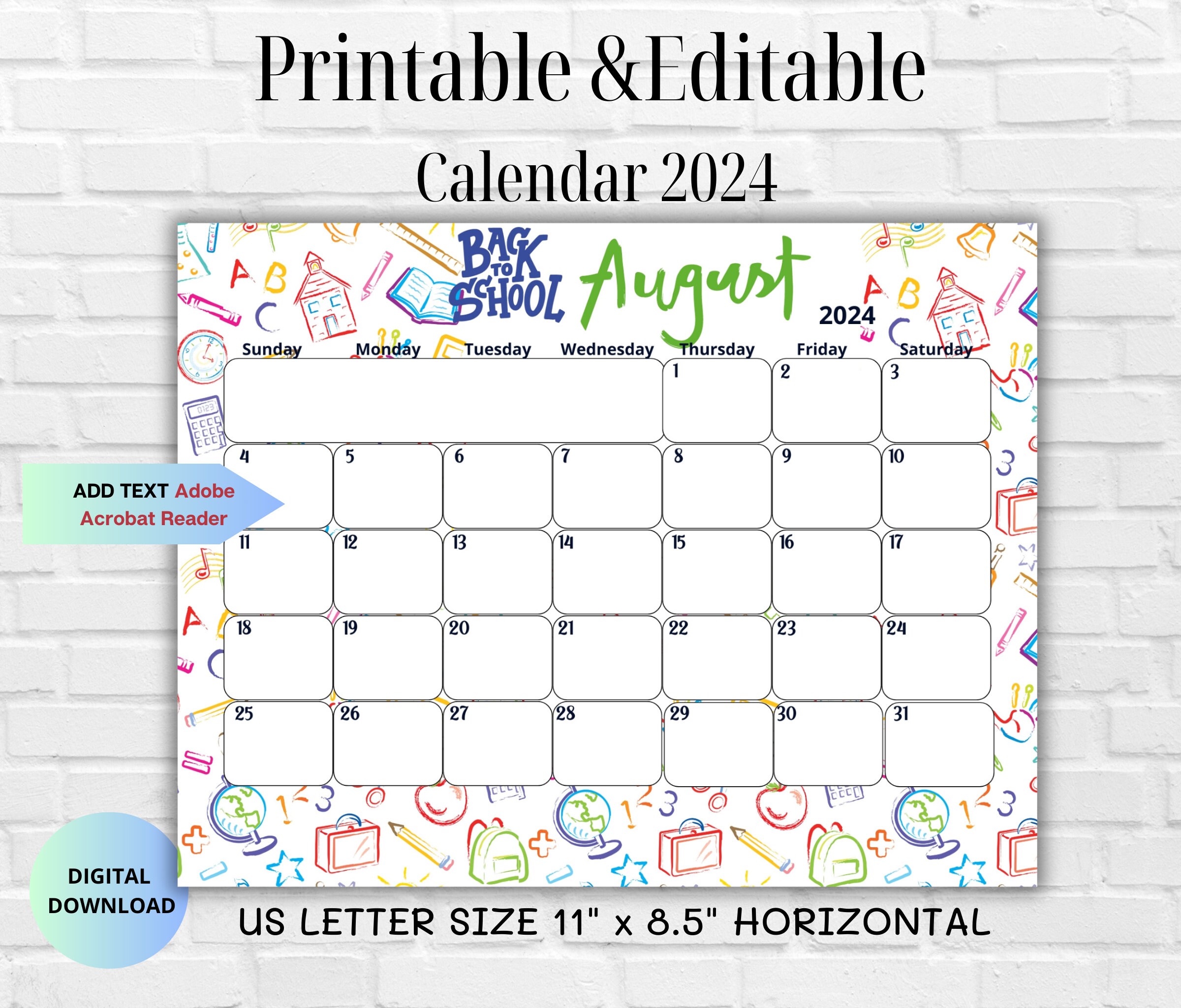 Editable August 2024 Calendar-back to School Planner-2024 Printable ...