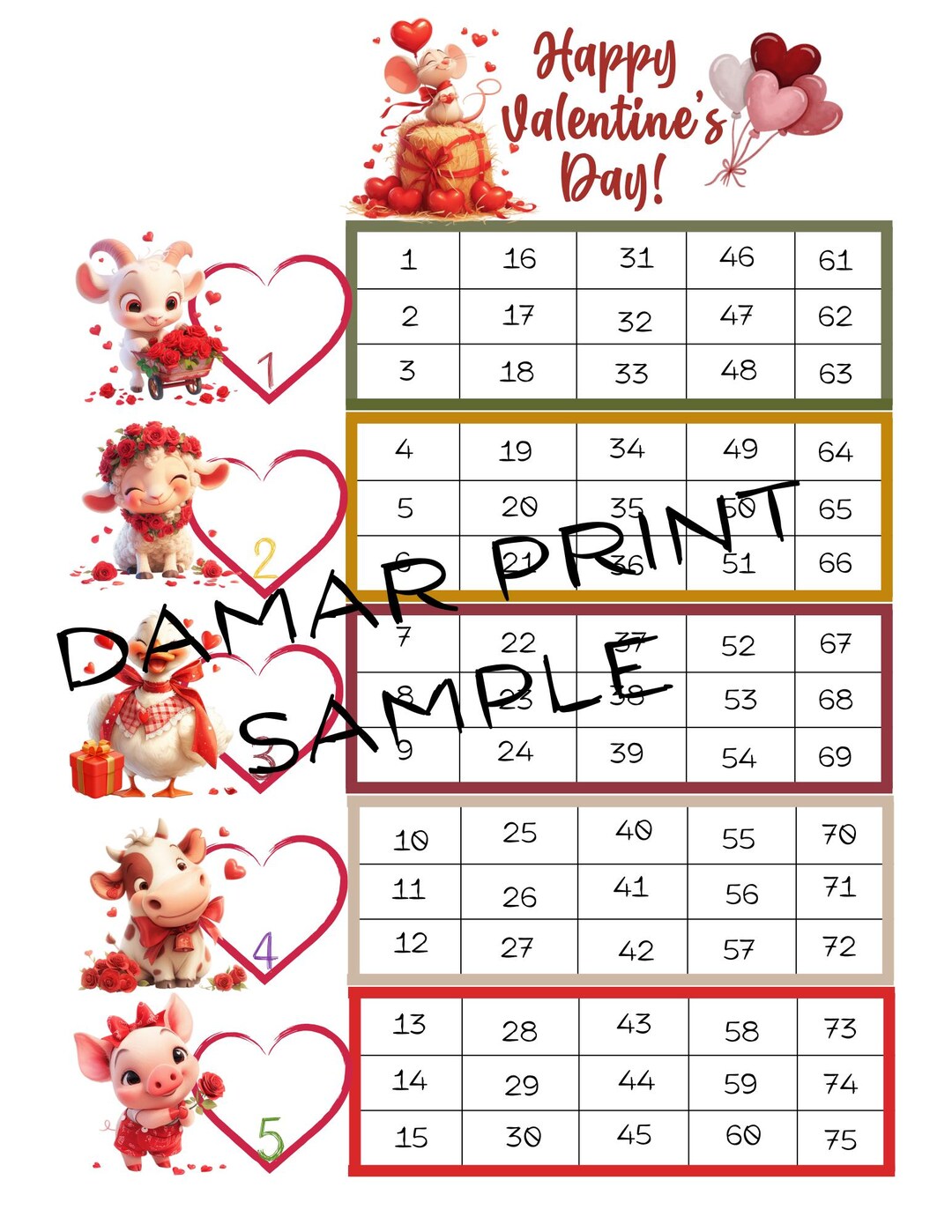 Valentine's Day Bingo Boards With Cute Farm Animals - Instant Download ...