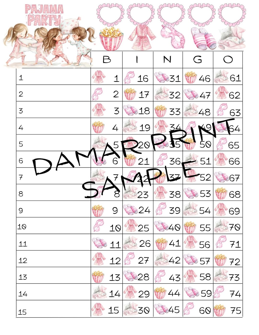 Pajama Party Bingo Boards 1-15 Lines-instant Download-party Bingo ...