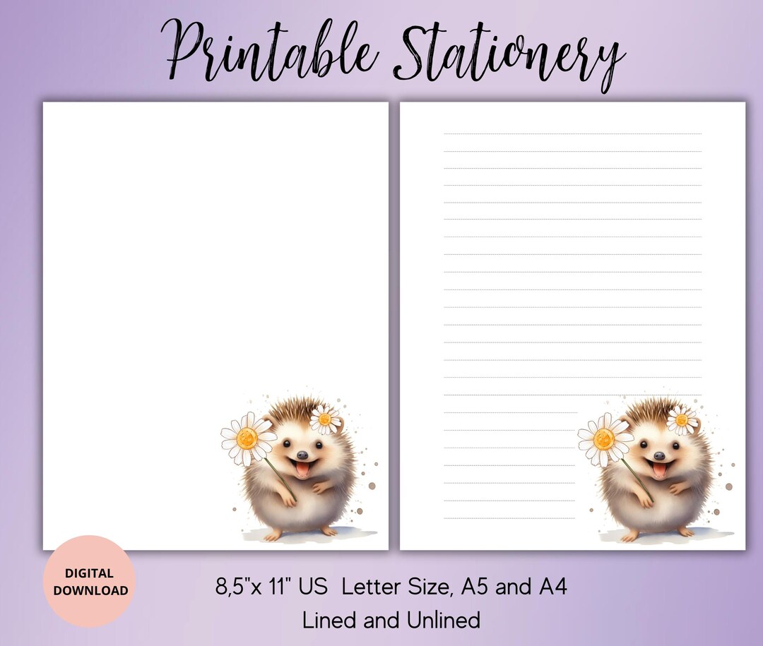Hedgehog Printable Stationery- Animal Writing Paper Set Unlined Lined ...
