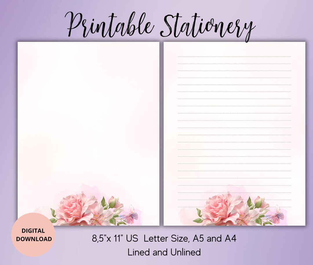 Pink Flower and Butterfly Stationery Set Lined Unlined A4/A5/US Letter ...