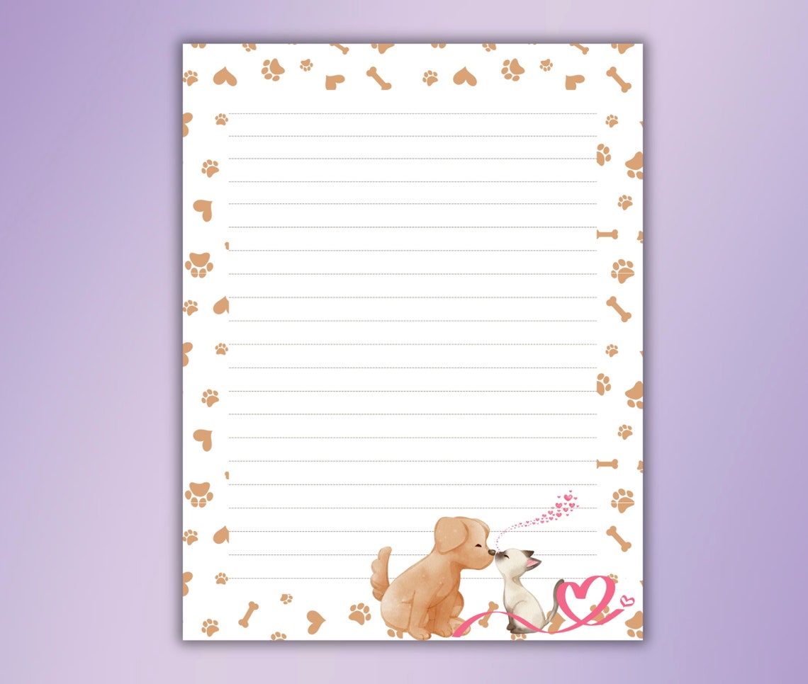 Cat and Dog Printable Writing Paper Set Unlined Lined A5/A4/US Letter ...