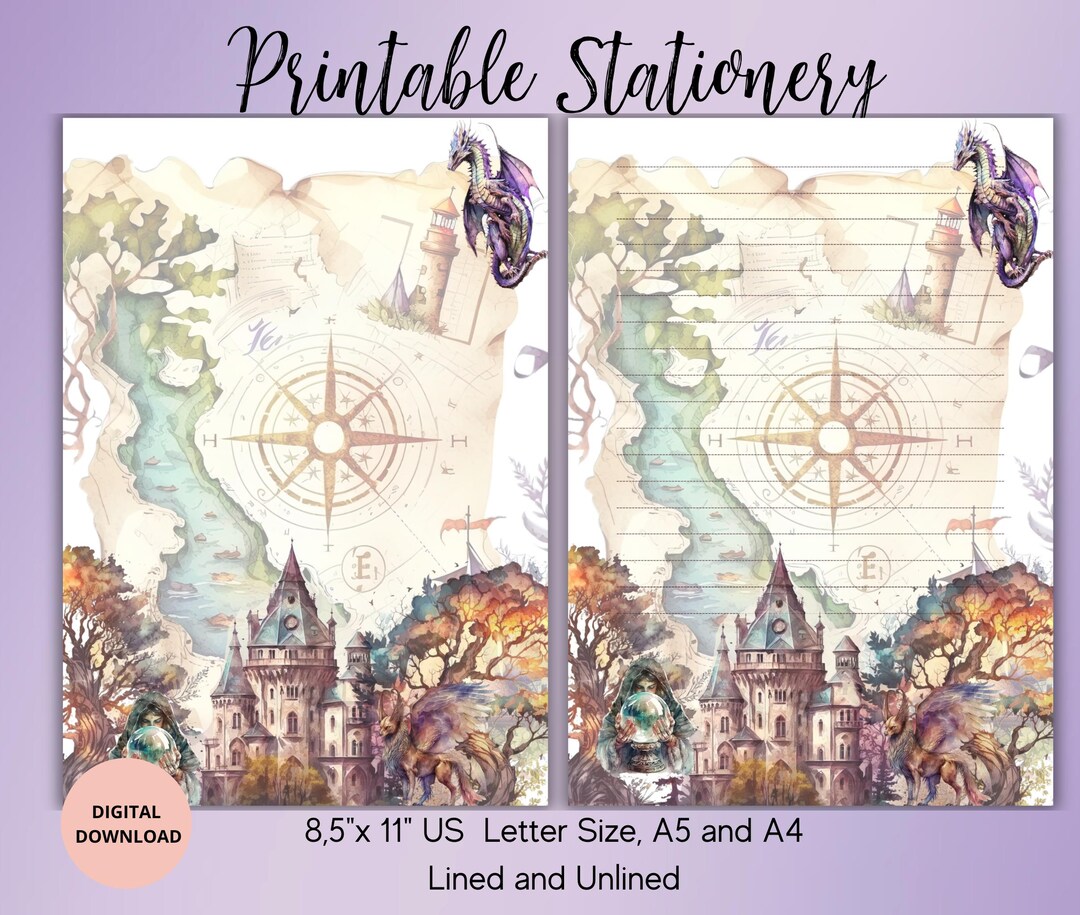 Magic World Printable Stationery-dragon Writing Paper Set Lined Unlined ...