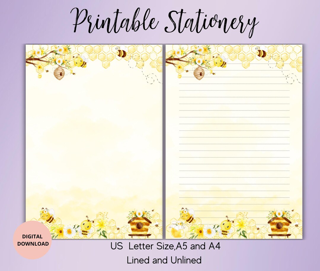 Bees and Honey Printable Stationery-bee Writing Paper Lined Unlined A5 ...