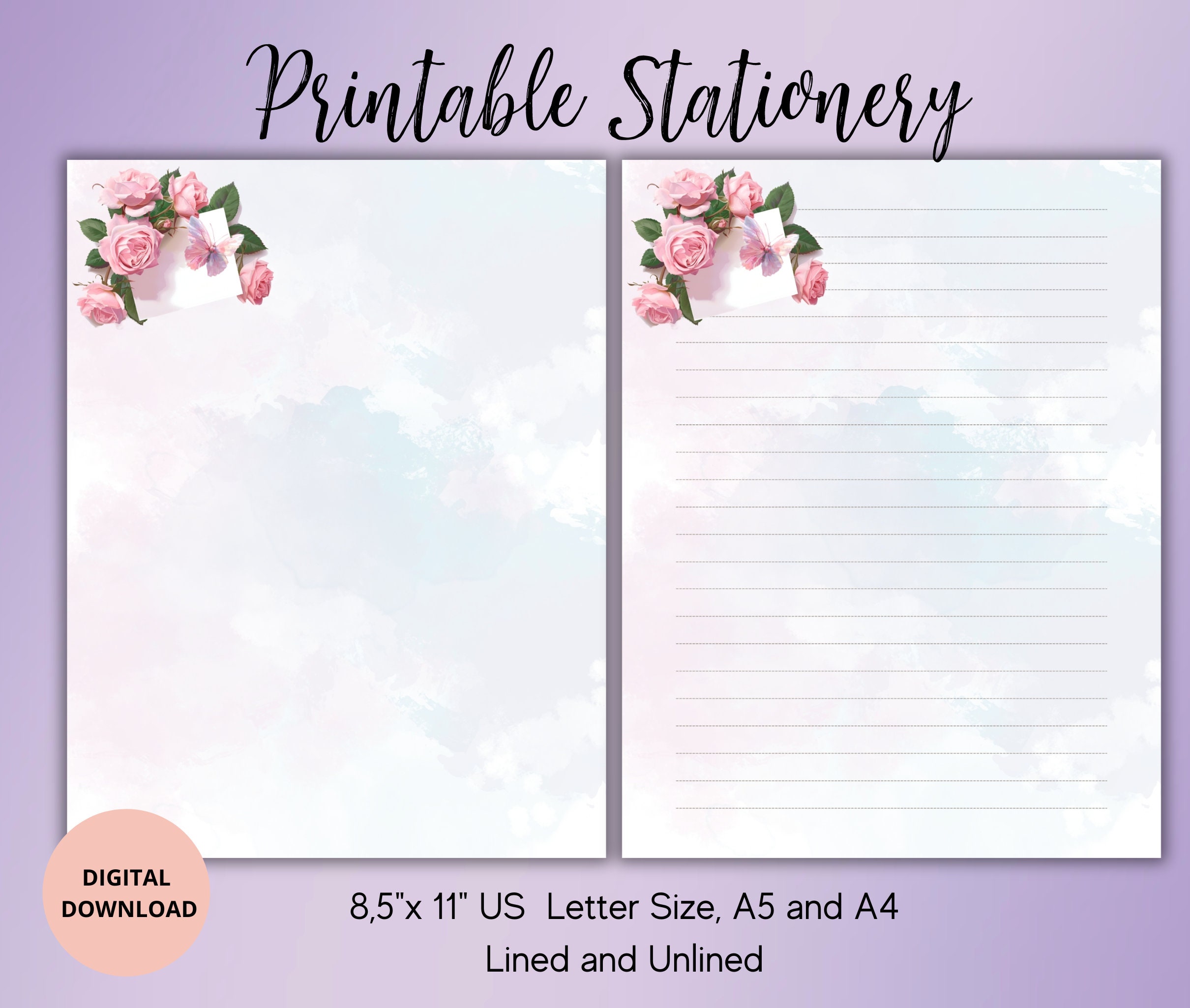 Watercolor Rose Printable Stationery-floral Stationary-botanical ...
