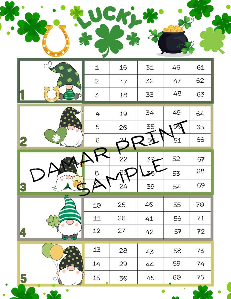 Lucky Bingo Boards - Instant Download -printable Gnome Bingo Boards ...
