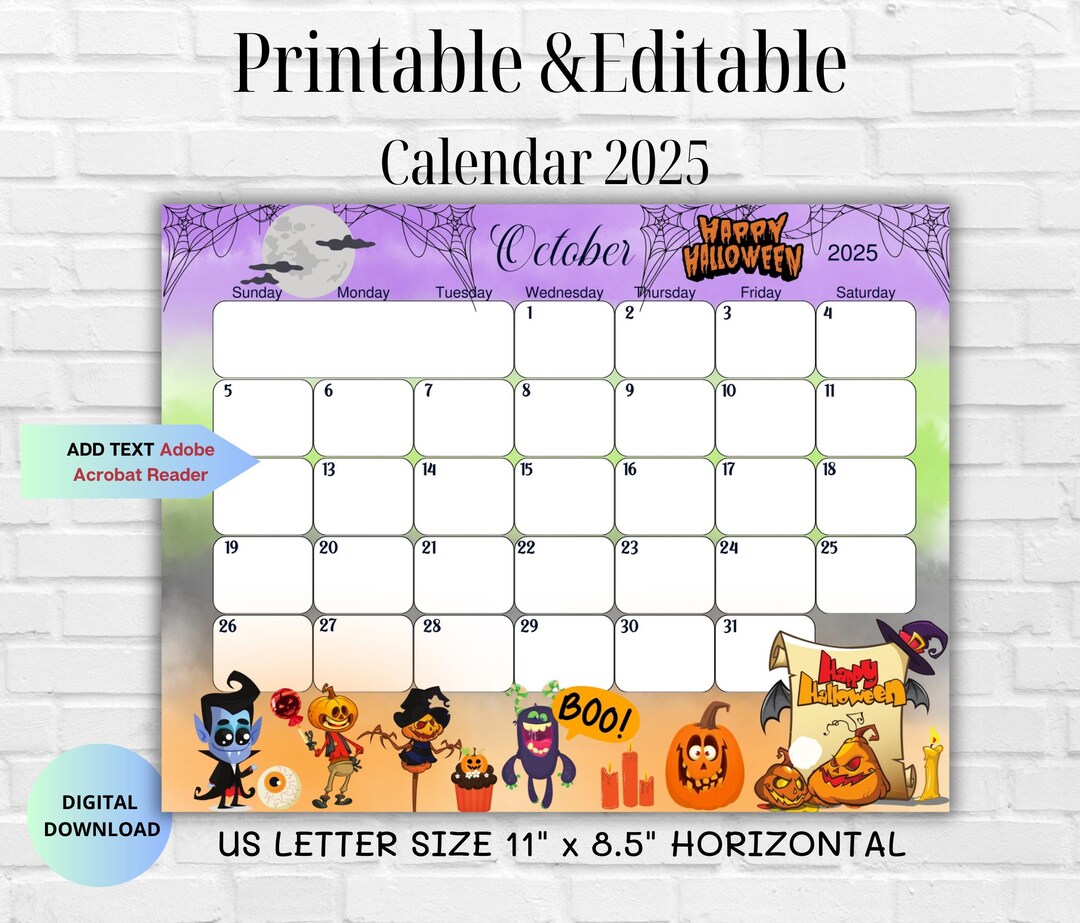 EDITABLE October 2025 Calendar-cute Spooky Halloween 2025 Planner ...