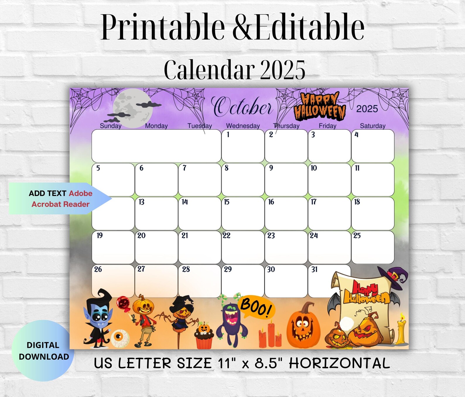 EDITABLE October 2025 Calendar-cute Spooky Halloween 2025 Planner ...