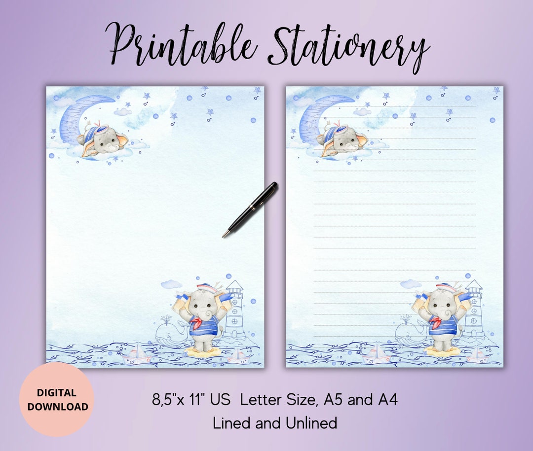 Elephant Printable Stationery-kids Stationary-animal Writing Paper Set ...