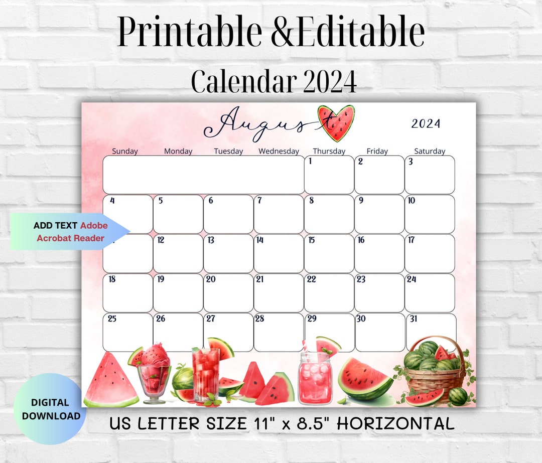 Buy Editable August 2024 Calendar-watermelon Printable Monthly Planner ...