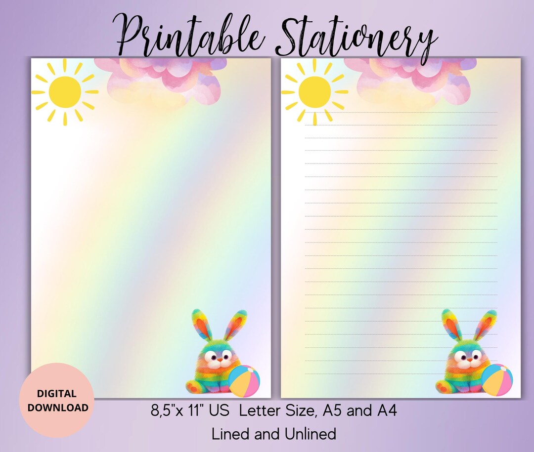 Cute Bunny Printable Stationery-watercolor Writing Paper Lined Unlined ...