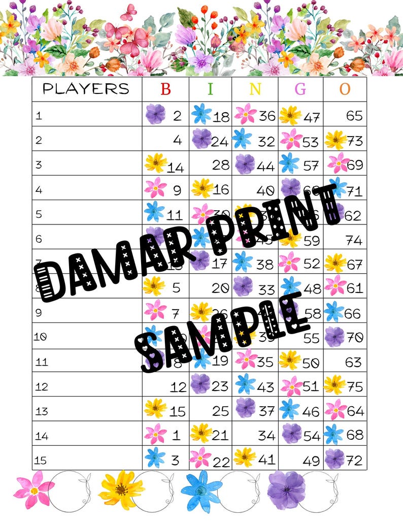 Summer Bingo Boards-flower Printable Bingo Boards 1-15 Lines- Straight ...