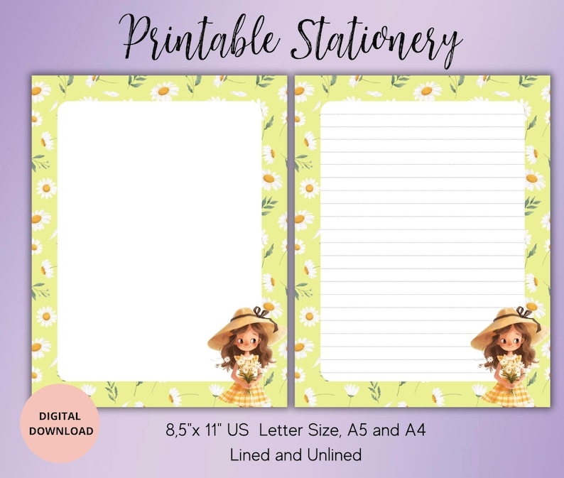 Daisy and Girl Printable Stationery-summer Writing Paper Set Unlined ...