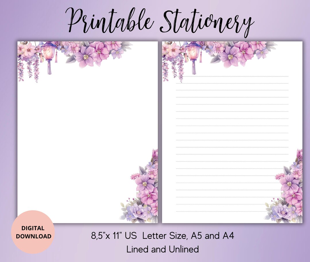 Purple Flower Printable Stationery-floral Writing Paper Set Unlined ...
