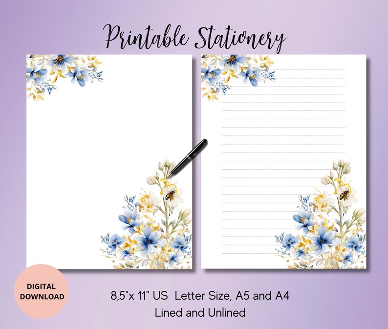 Flower Printable Stationery,watercolor Floral Stationary,digital ...