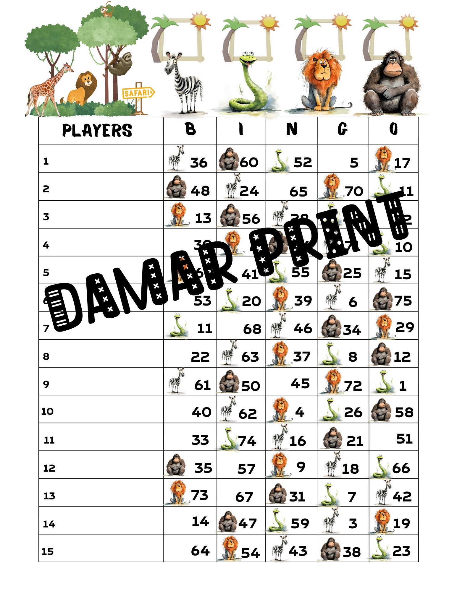 Safari Animal Bingo Boards Printable-bingo Boards 1-15 Lines school ...