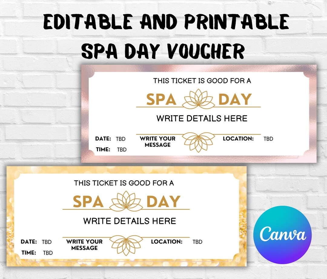 Spa Day EDITABLE Voucher-personalized Spa Day Gift Voucher-editable Spa ...