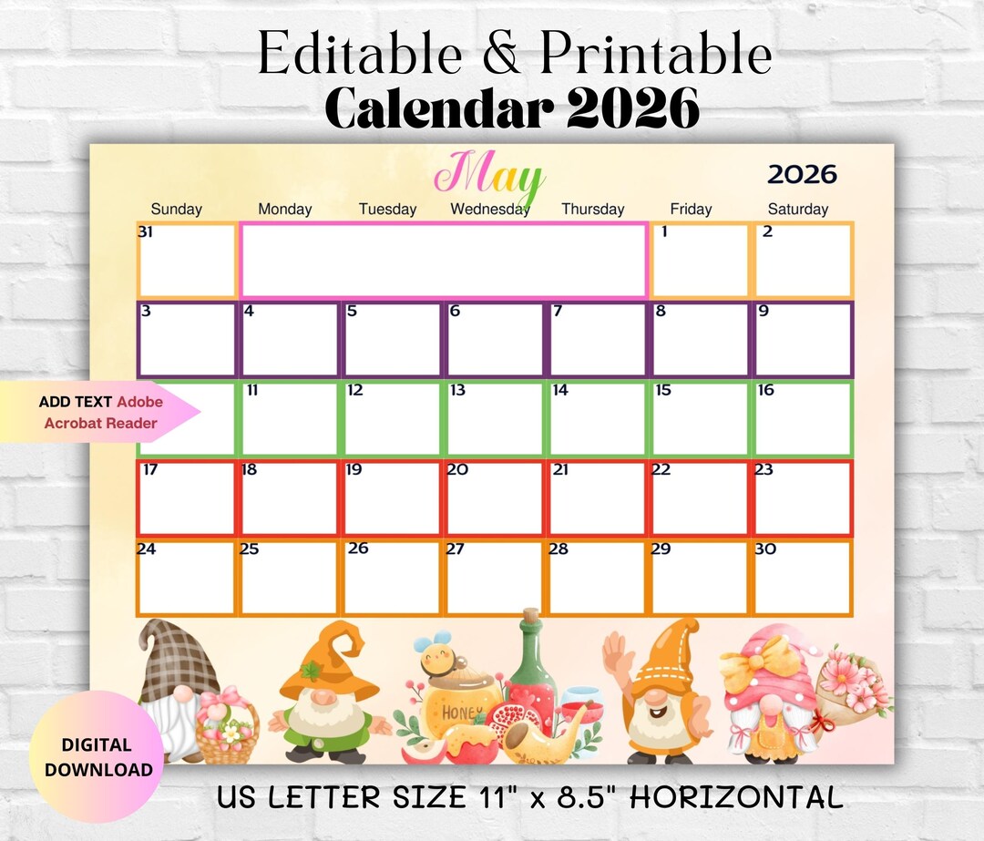 EDITABLE May 2026 Calendar-cute Gnome Fillable Monthly Planner-monthly ...