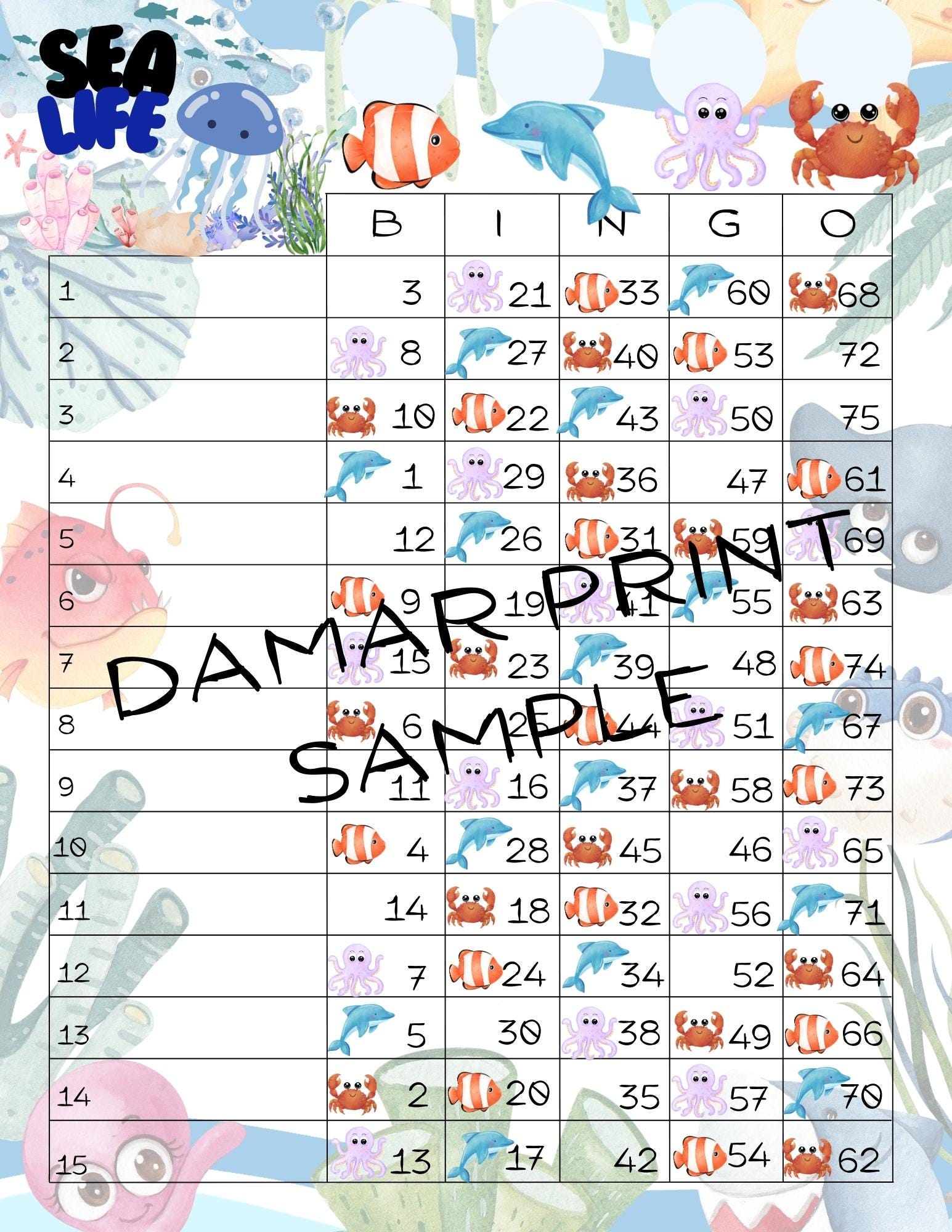 Sea Life Bingo Boards - Instant Download -15 Lines -fish Printable ...