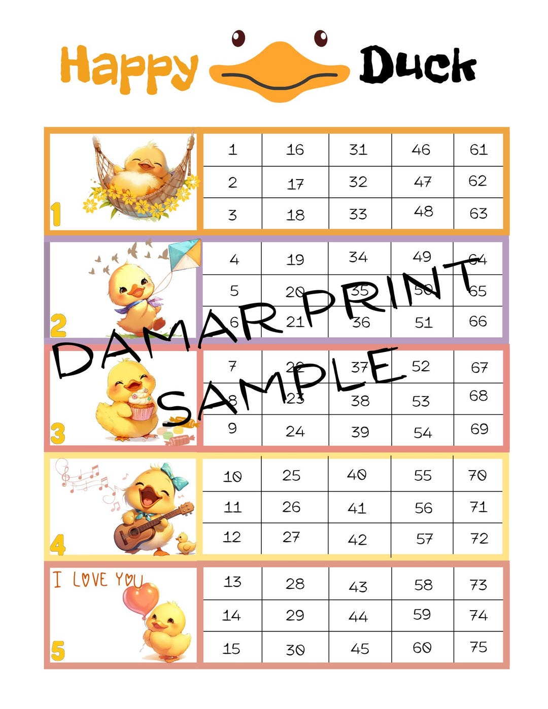 Happy Duck Printable Bingo Boards-instant Download -animal Bingo Boards ...
