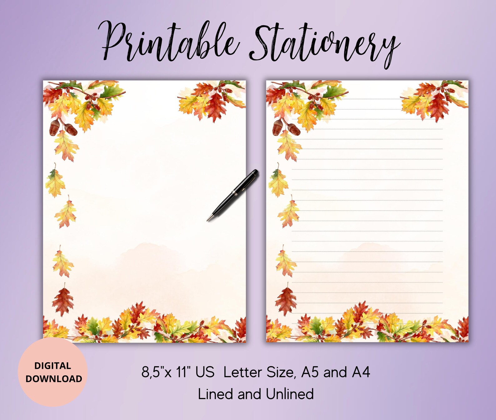 Autumn Printable Stationery,fall Leaves Digital Letter,stationary ...
