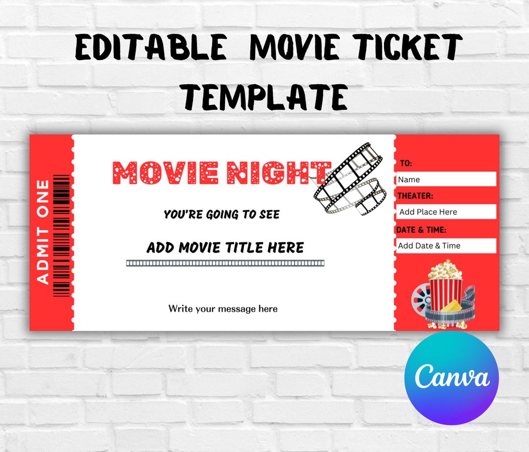 Movie Night Editable Ticket-editable Movie Voucher-custom Movie Ticket ...