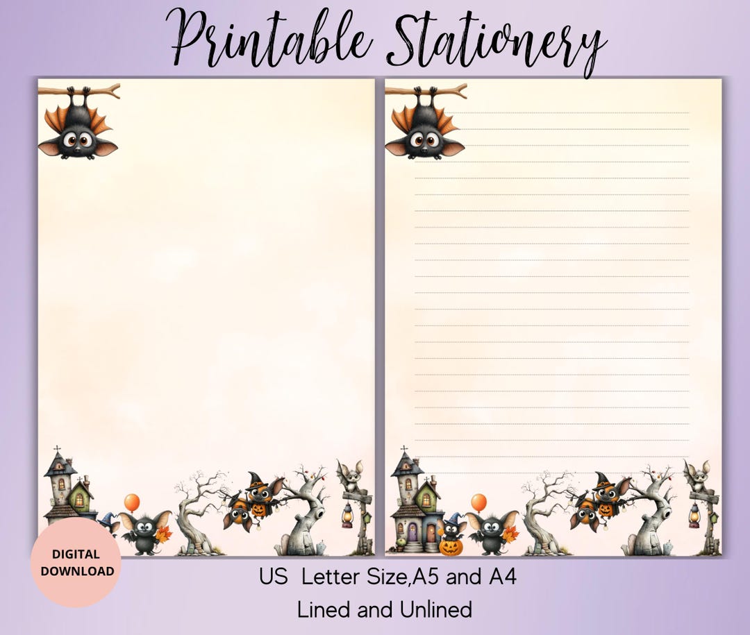 Halloween Bats Printable Stationery-halloween Writing Paper Set Lined ...