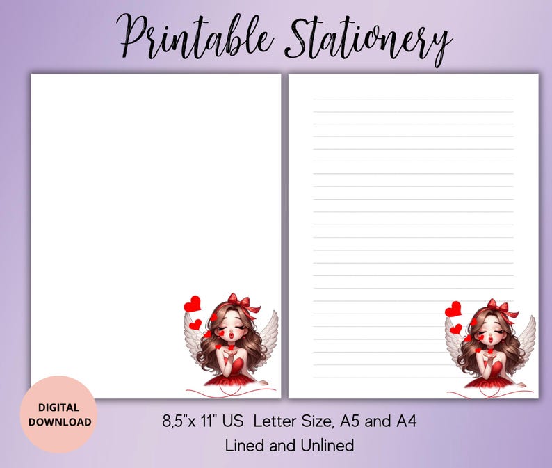 Love Angel Printable Stationery-valentine's Day Writing Paper Set Lined ...